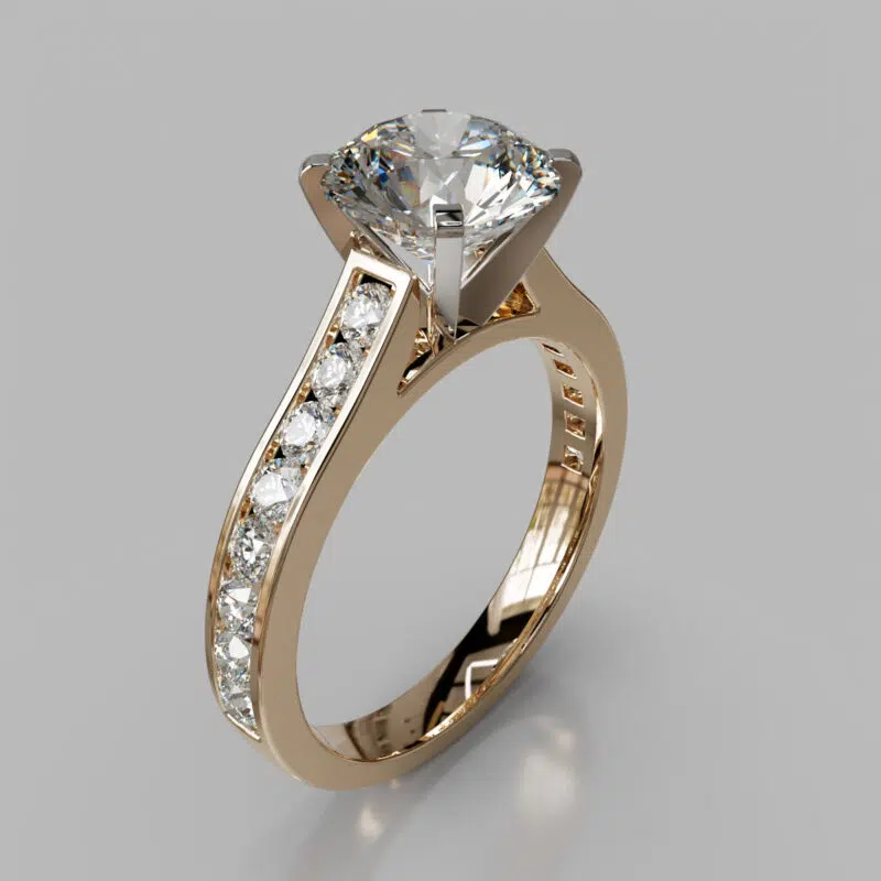 Cathedral Round Cut Channel Set Moissanite Engagement Ring - Forever ...