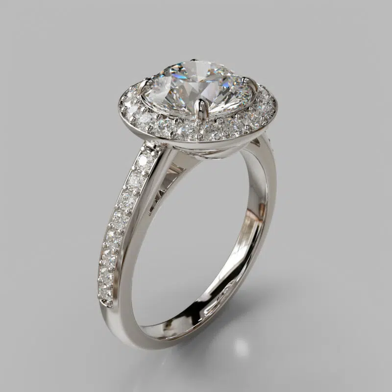 Moissanite Round Cut Pave Halo Style Engagement Ring - Forever Moissanite
