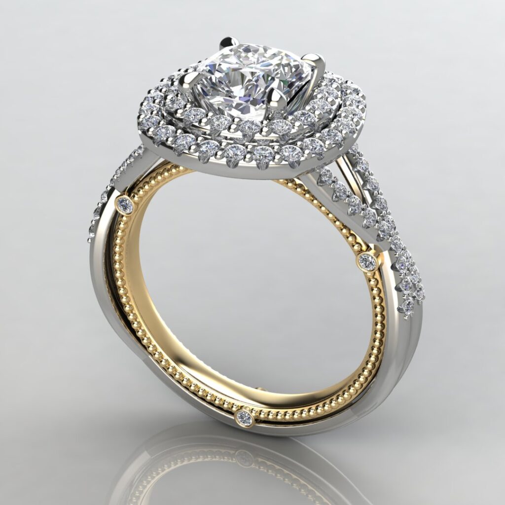 Two-Tone Double Halo Milgrain Cushion Cut Moissanite Engagement Ring ...