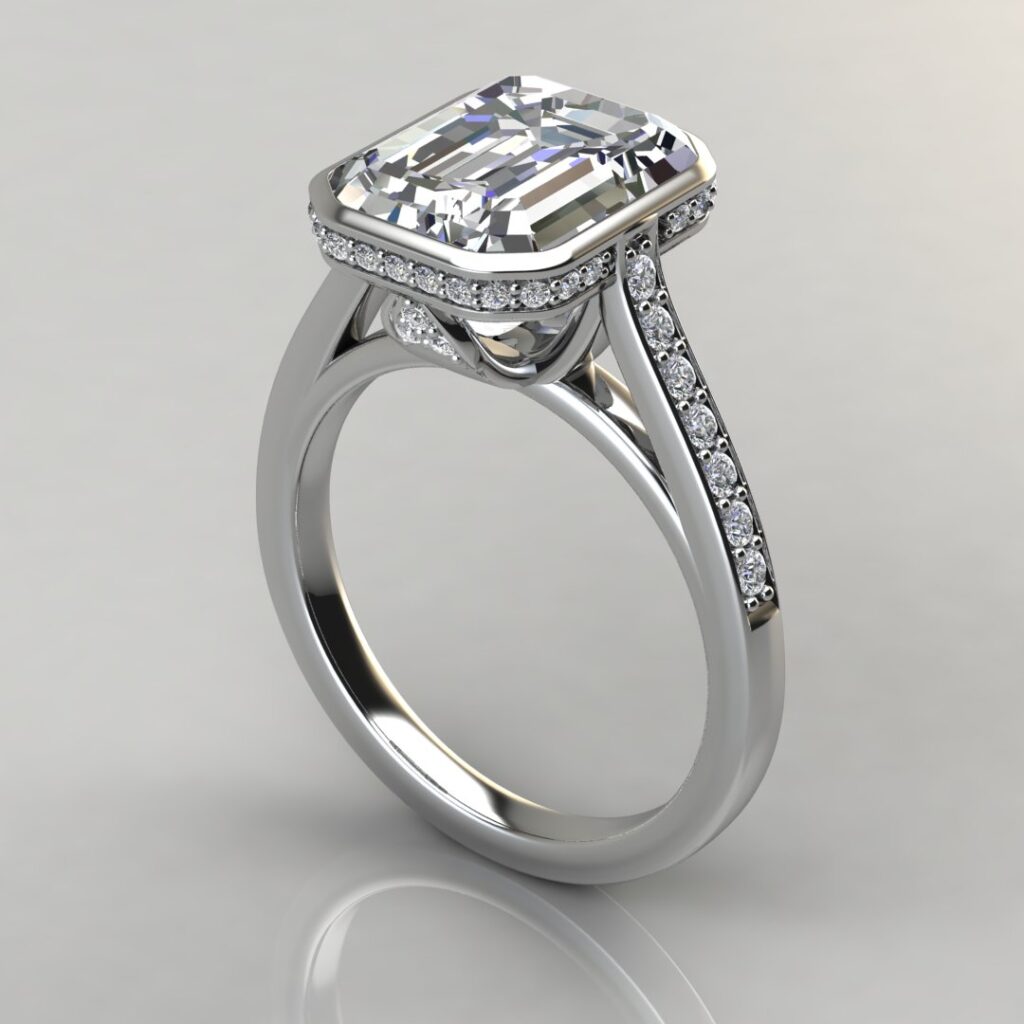 Emerald Cut Moissanite Collar Halo Solitaire Engagement Ring