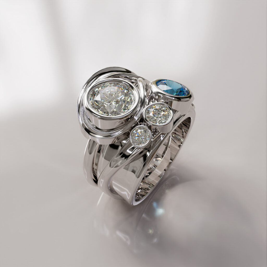 Custom Bridal Set with Blue Sapphire Accents and 1.50 ct Moissanite ...