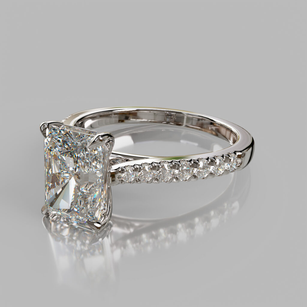 Graduated Cathedral Radiant Cut Moissanite Engagement Ring - Forever Moissanite